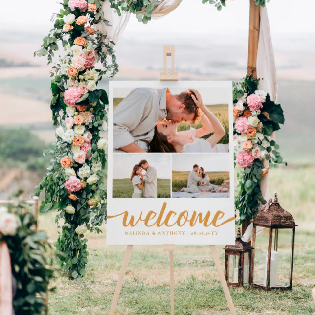 Mustard Calligraphy Photo Collage Welcome Foam Board | Zazzle