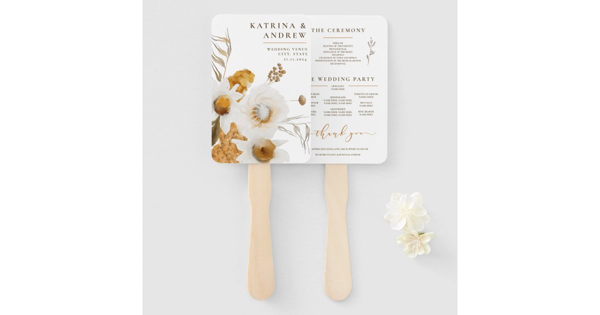 Mustard Watercolor Floral Wedding Program Fans | Zazzle