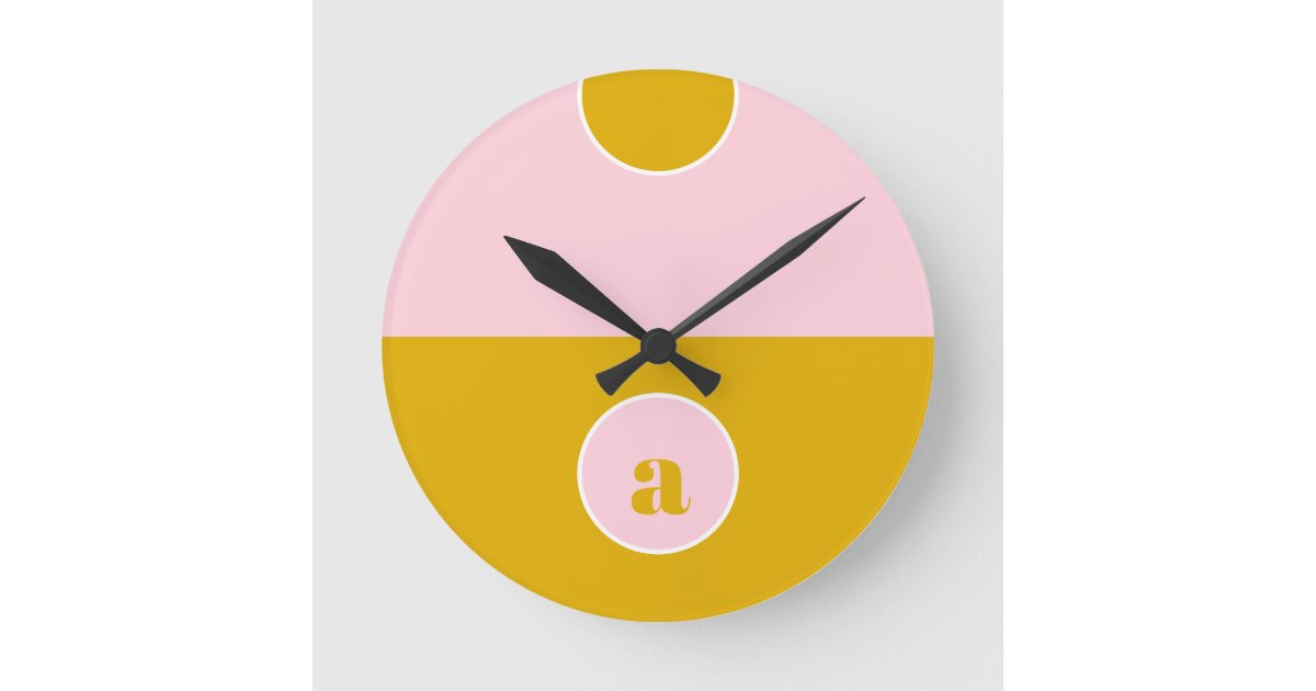Mustard Yellow Pink Monogram Round Clock | Zazzle
