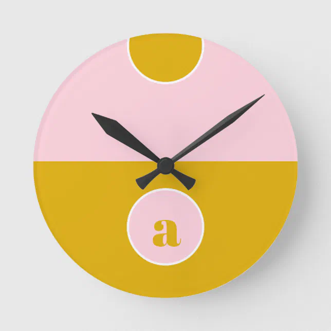 Mustard Yellow Pink Monogram Round Clock | Zazzle