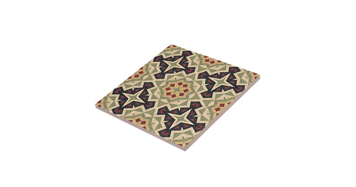 Mustard Yellow Red Olive Green Ethnic Tribe Art Ceramic Tile | Zazzle