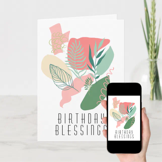 Muted Abstracts & Leaves Birthday Blessings Card | Zazzle