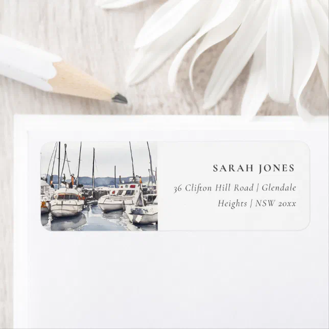 Muted Coastal Boats at Harbor Seascape Address Label | Zazzle