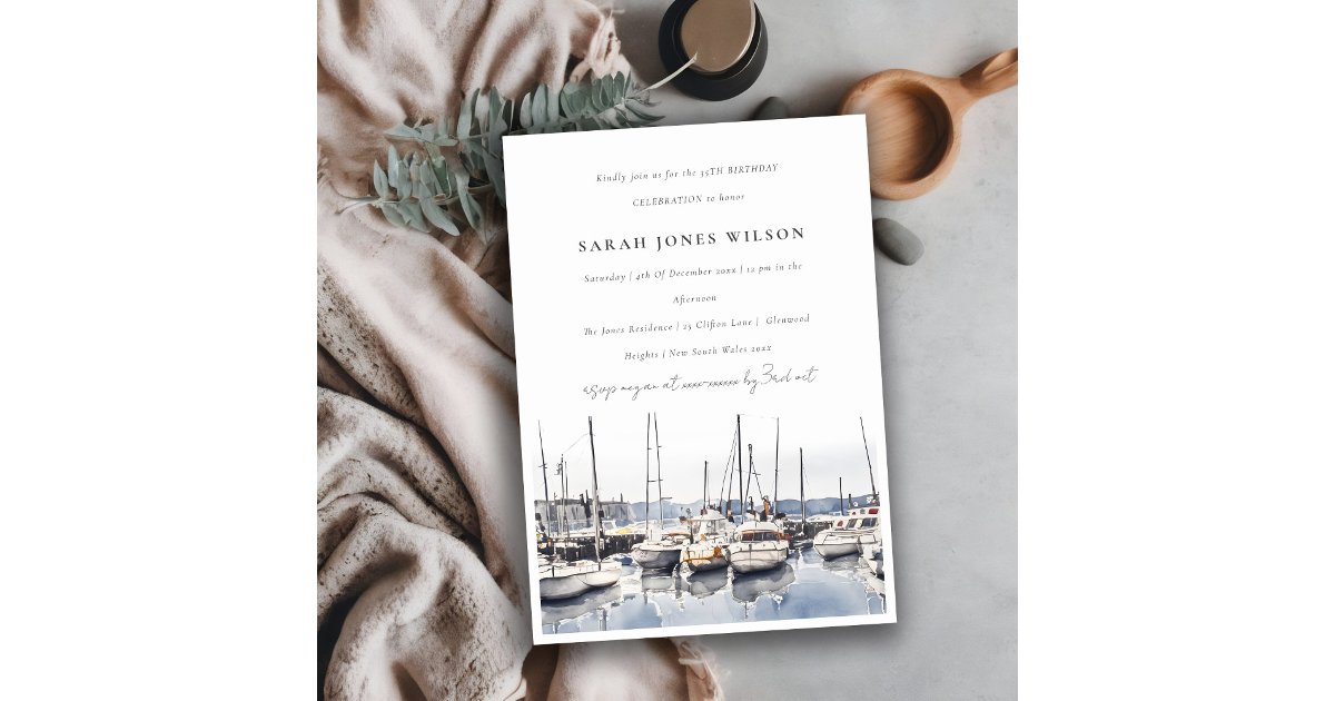 Muted Coastal Boats at Harbor Seascape Birthday Invitation | Zazzle