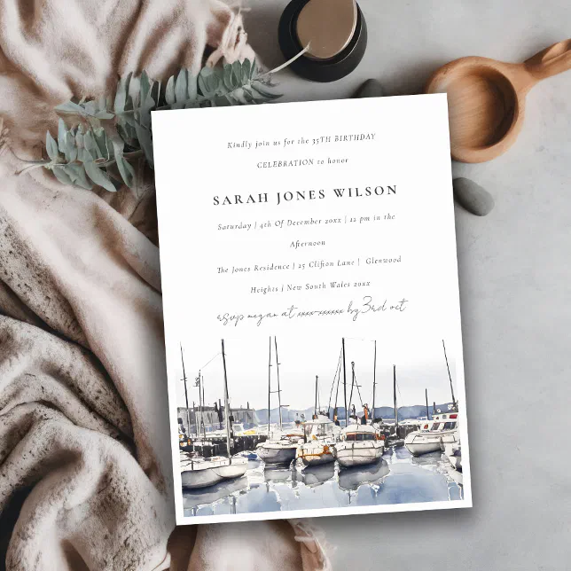 Muted Coastal Boats at Harbor Seascape Birthday Invitation | Zazzle