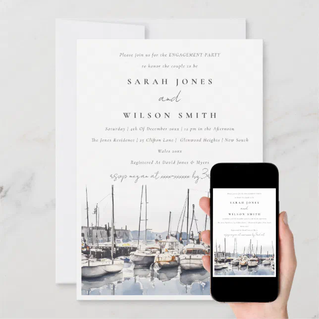 Muted Coastal Boats at Harbor Seascape Engagement Invitation | Zazzle