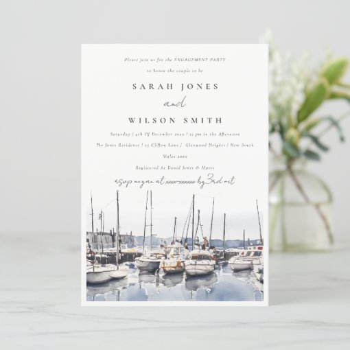 Muted Coastal Boats at Harbor Seascape Engagement Invitation | Zazzle