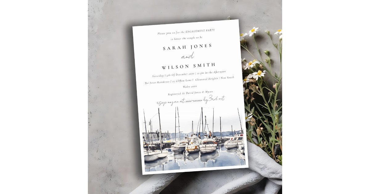 Muted Coastal Boats at Harbor Seascape Engagement Invitation | Zazzle