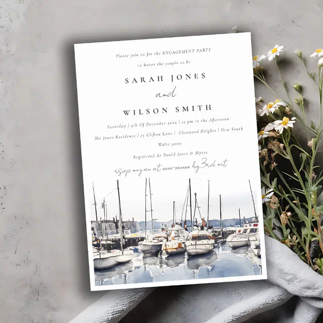 Muted Coastal Boats at Harbor Seascape Engagement Invitation | Zazzle