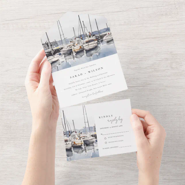 Muted Coastal Boats at Harbor Seascape Wedding All In One Invitation ...