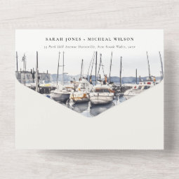 Muted Coastal Boats at Harbor Seascape Wedding All In One Invitation ...