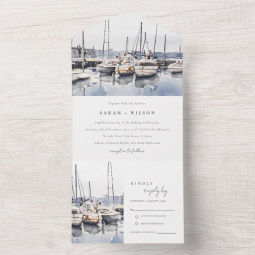Muted Coastal Boats at Harbor Seascape Wedding All In One Invitation ...