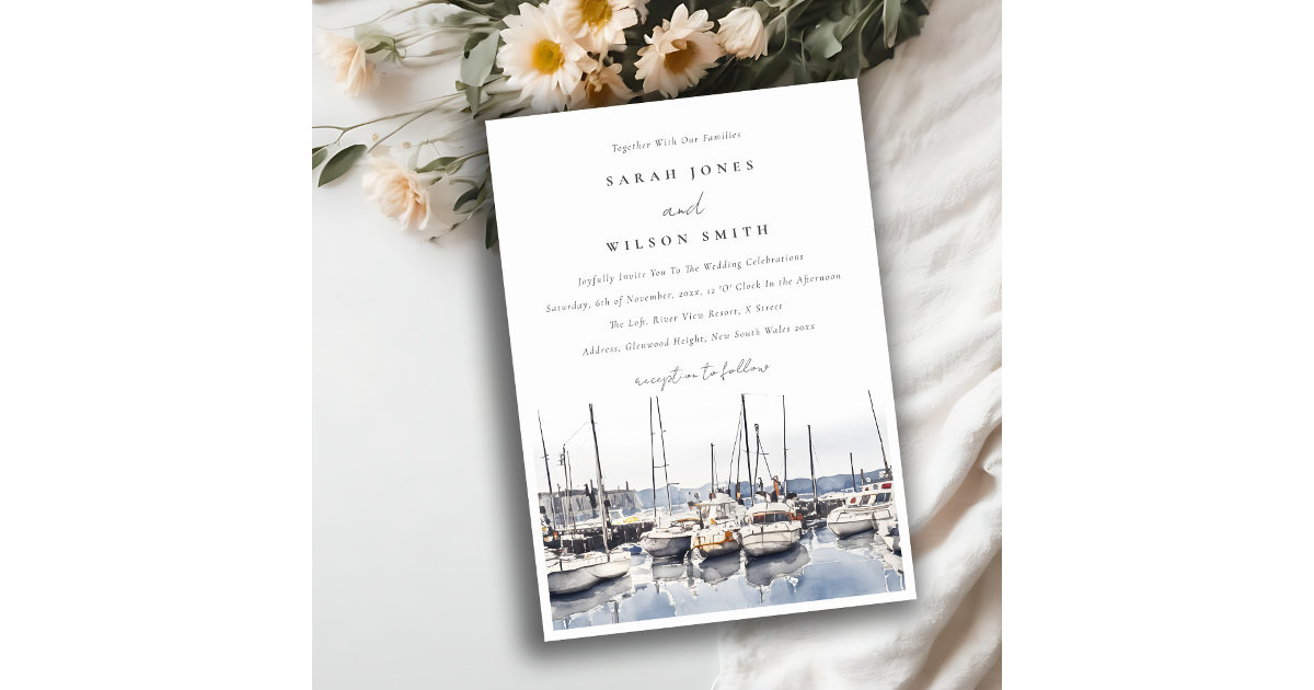 Muted Coastal Boats at Harbor Seascape Wedding Invitation | Zazzle