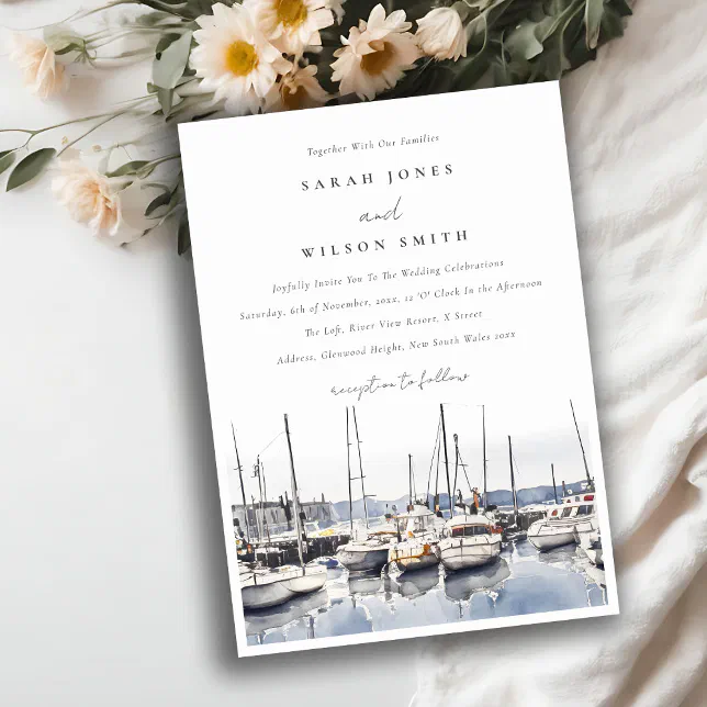 Muted Coastal Boats at Harbor Seascape Wedding Invitation | Zazzle