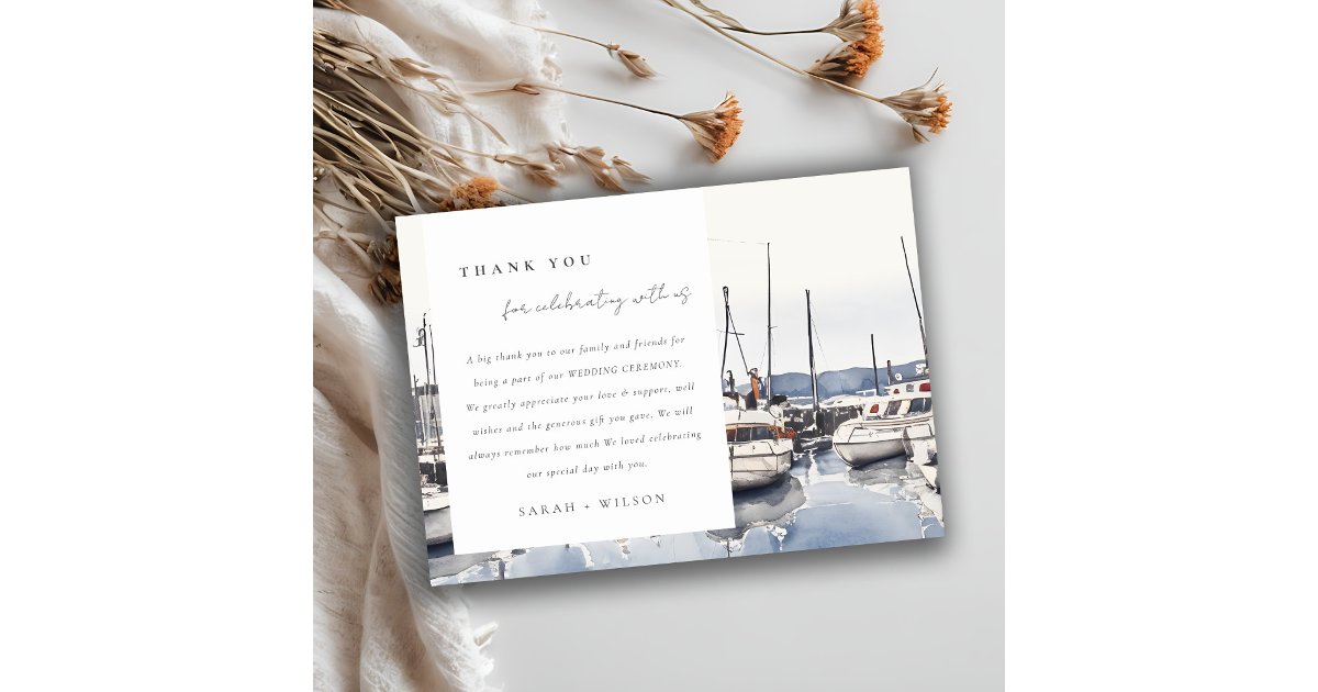 Muted Coastal Boats at Harbor Seascape Wedding Thank You Card | Zazzle