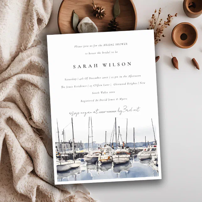 Muted Coastal Harbor Boats Seascape Bridal Shower Invitation | Zazzle