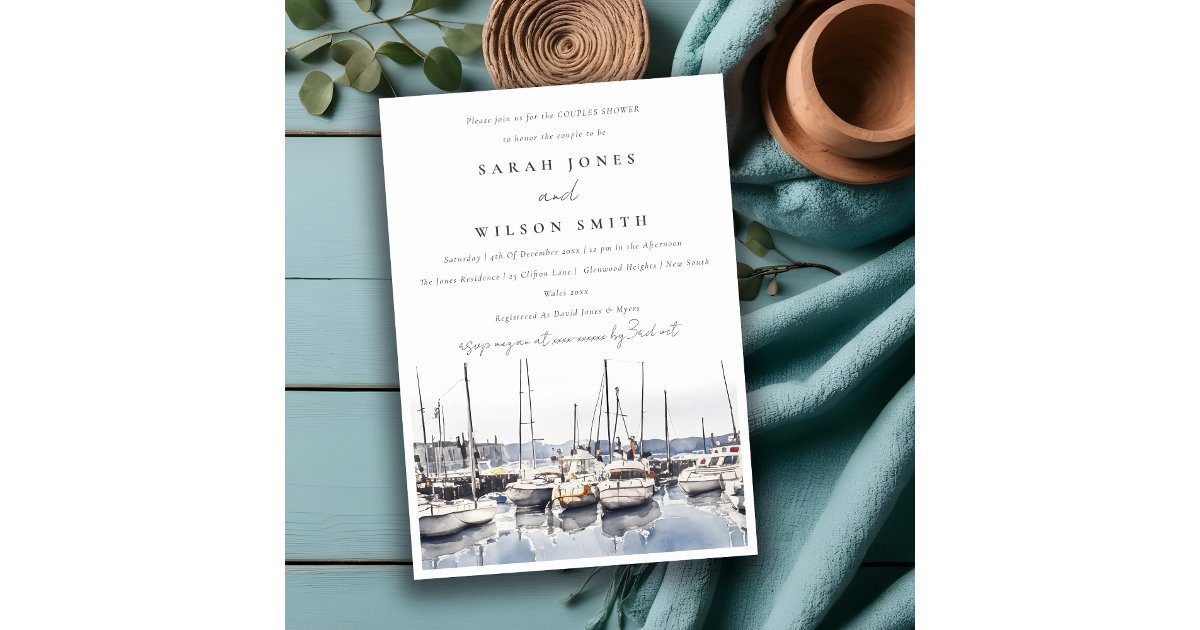 Muted Coastal Harbor Boats Seascape Couples Shower Invitation | Zazzle