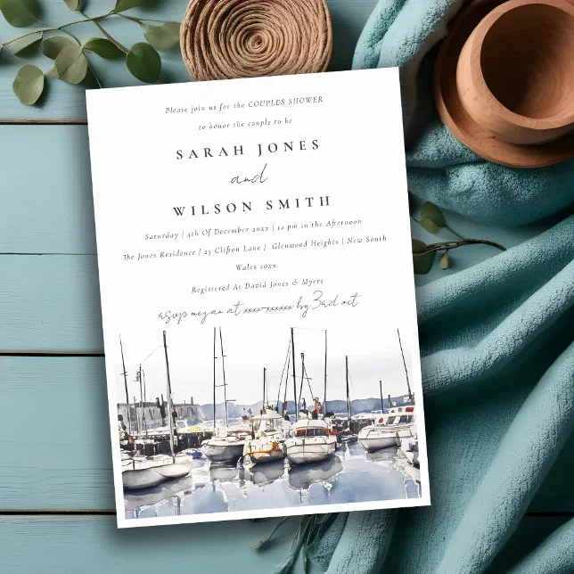 Muted Coastal Harbor Boats Seascape Couples Shower Invitation | Zazzle
