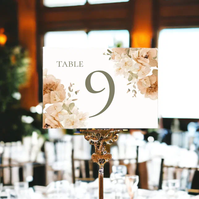 Muted Green Peach Flower Wedding Table Number | Zazzle