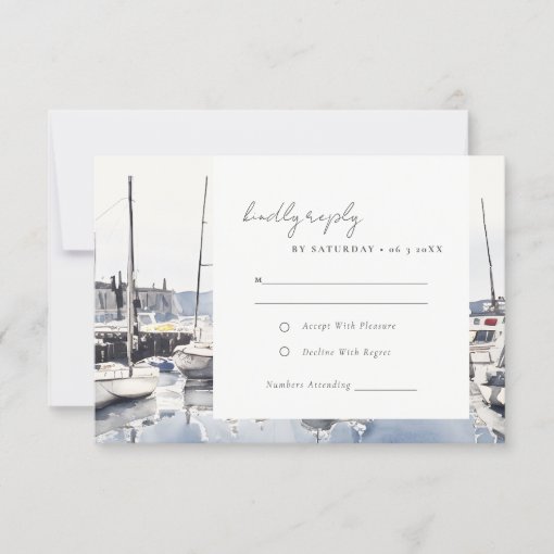 Muted Pastel Coastal Harbor Boats Seascape Wedding RSVP Card | Zazzle
