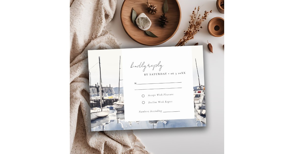 Muted Pastel Coastal Harbor Boats Seascape Wedding RSVP Card | Zazzle