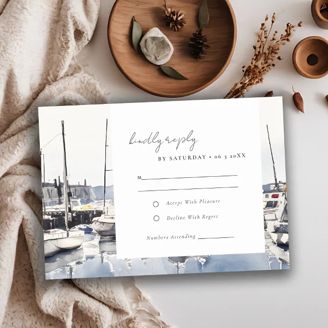 Muted Pastel Coastal Harbor Boats Seascape Wedding RSVP Card | Zazzle