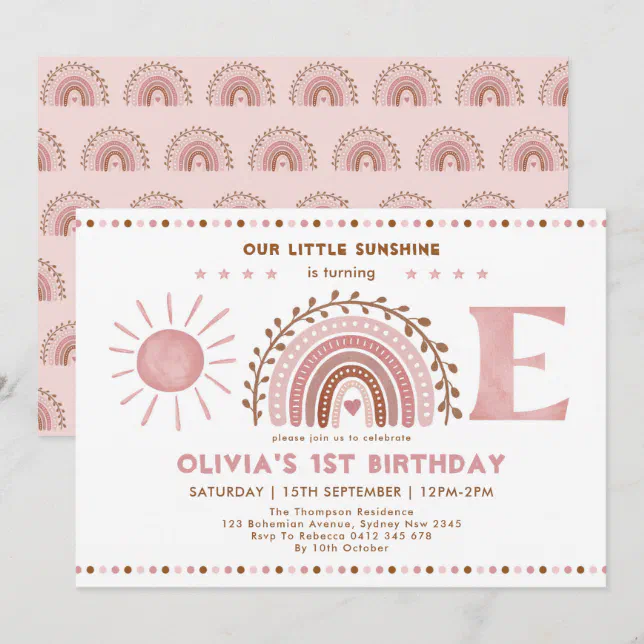 Muted Pink Brown Rainbow & Sunshine 1st Birthday Invitation | Zazzle