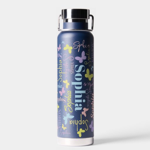 Muted rainbow butterflies custom name Sophia Water Bottle | Zazzle
