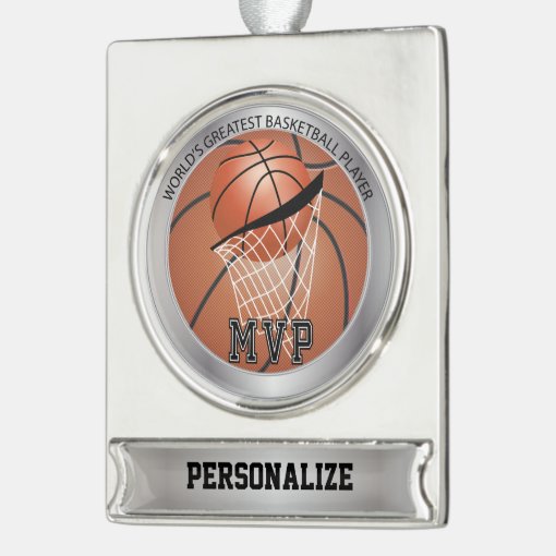 MVP Basketball Player | DIY Name Silver Plated Banner Ornament | Zazzle