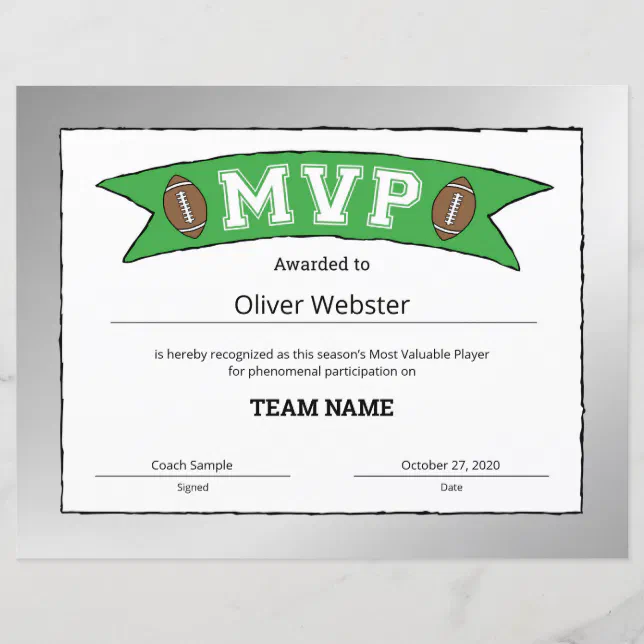 MVP Player - MVP Certificates Football Certificate | Zazzle