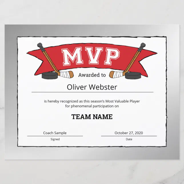 MVP Player - MVP Certificates - Hockey Certificate | Zazzle