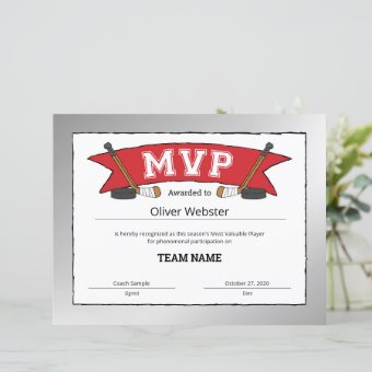 MVP Player - MVP Certificates - Hockey Certificate | Zazzle
