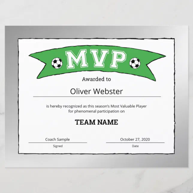 MVP Player - MVP Certificates - Soccer Certificate | Zazzle