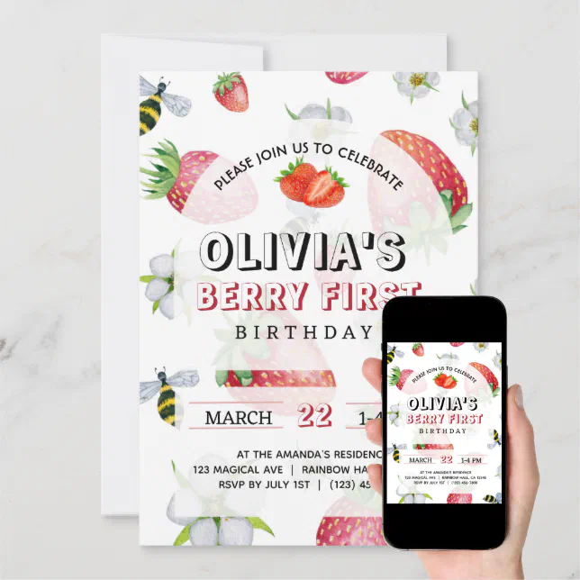 My Berry First Birthday Strawberry Birthday Invitation | Zazzle