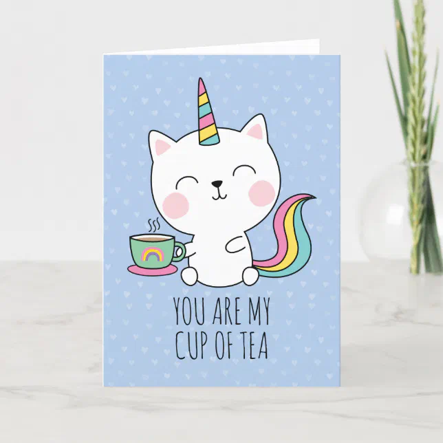 My Cup of Tea Cute Kawaii Catcorn Valentines Day Holiday Card | Zazzle