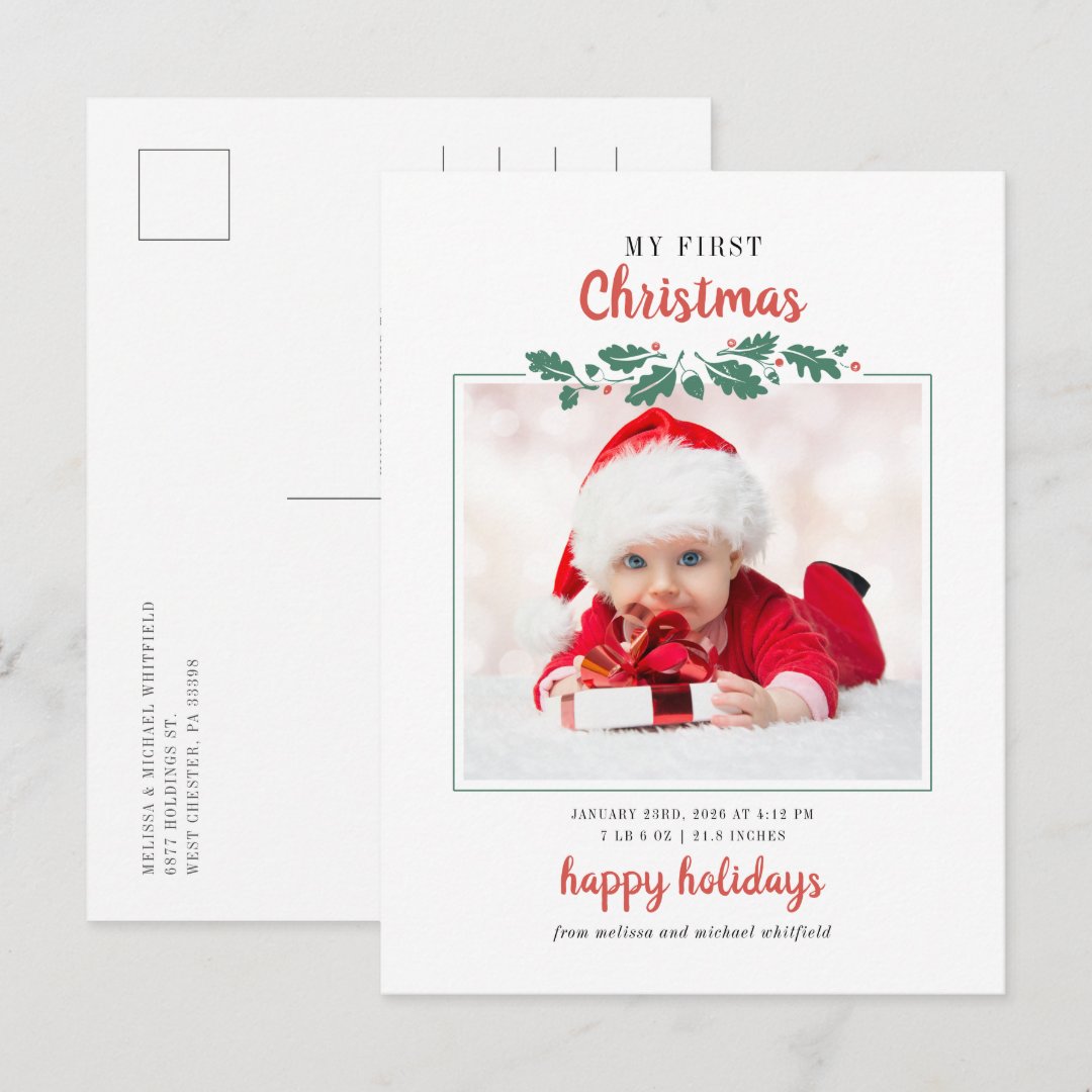 My First Christmas Baby Birth Photo Greetings Invitation Postcard | Zazzle