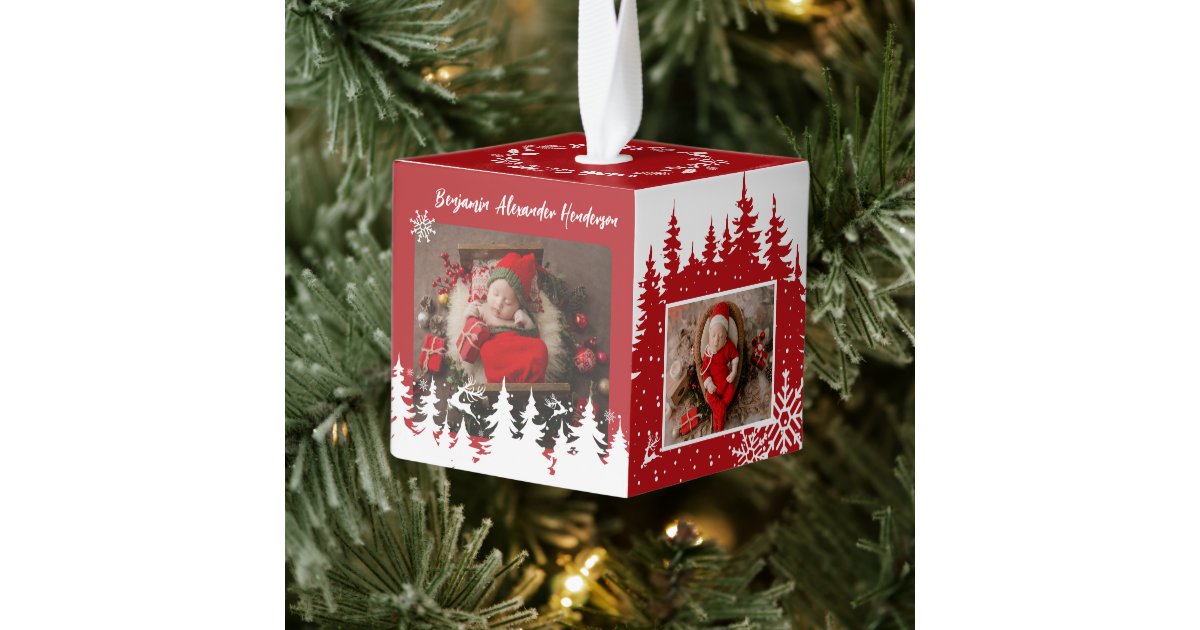 My First Christmas Birth Stats Photo Cube Ornament | Zazzle