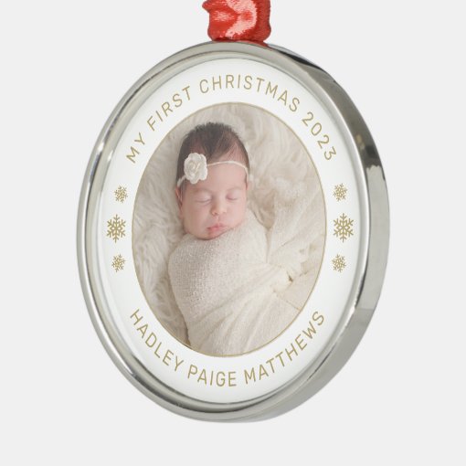 My First Christmas Gold Personalized Baby Photo Metal Ornament | Zazzle