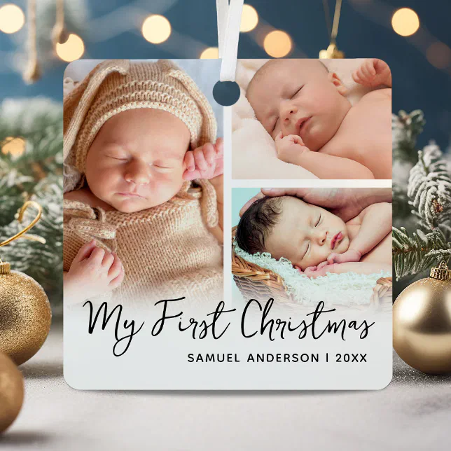 My First Christmas Keepsake 3 Photo Metal Ornament | Zazzle