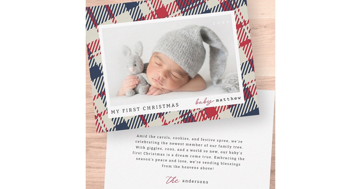 My First Christmas Modern Plaid Baby Photo Note Card | Zazzle