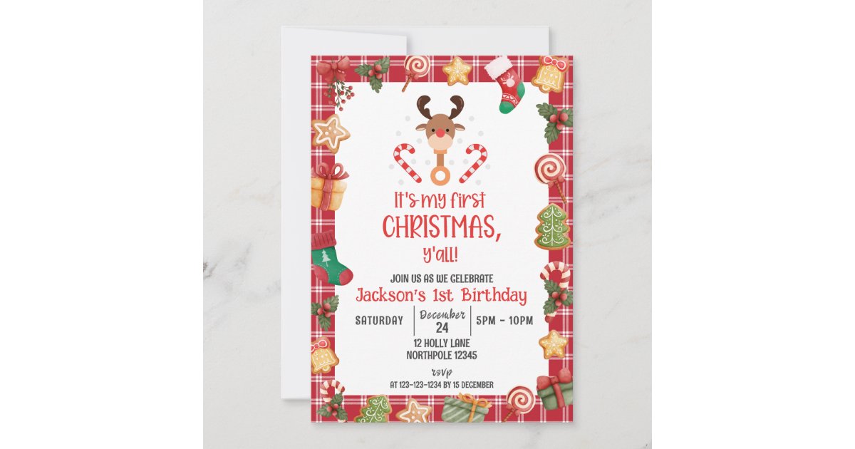 My first CHRISTMAS Rudolph Reindeer Birthday Invitation | Zazzle