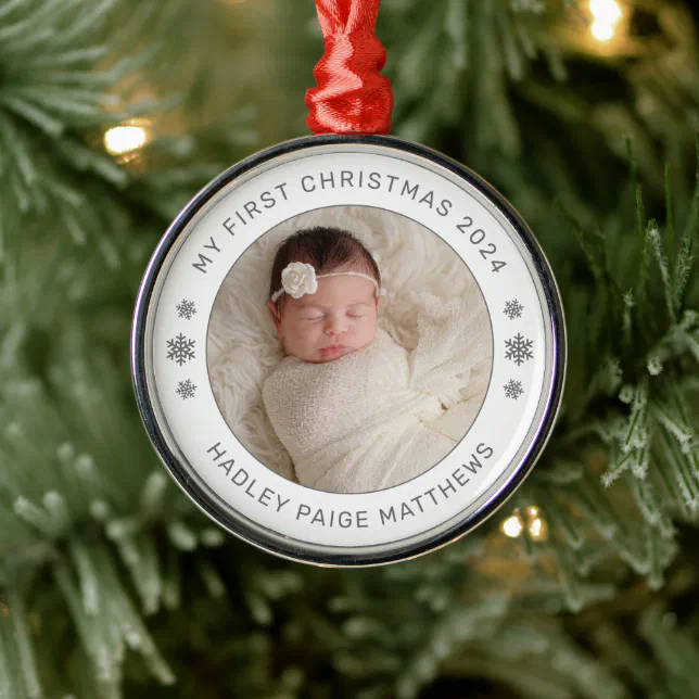 My First Christmas White Personalized Baby Photo Metal Ornament | Zazzle