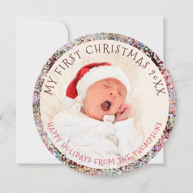 My First Christmas Year Photo Circular Glitter Holiday Card | Zazzle
