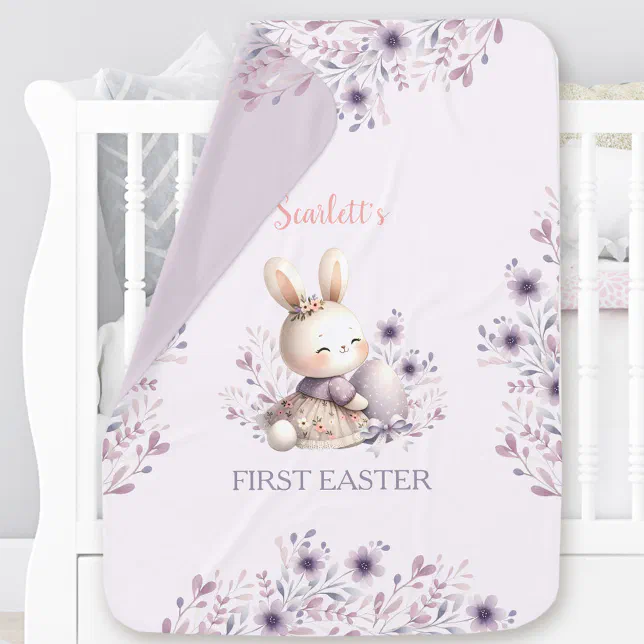 My First Easter Name Bunny Purple Floral Spring Baby Blanket | Zazzle