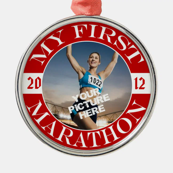 My First Marathon - Customizable Photo and Year Metal Ornament | Zazzle