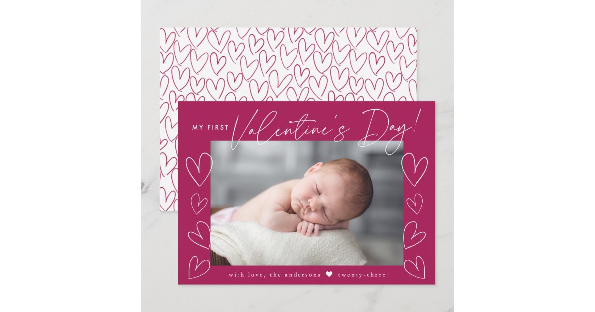 My First Valentine's Day Script Fuchsia Photo Holiday Card | Zazzle