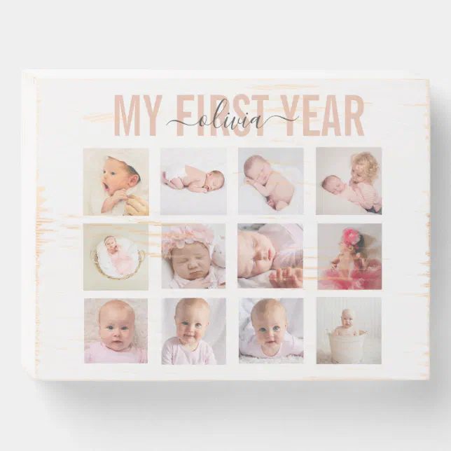 My First Year Baby Girl 12 Photo Collage Wooden Box Sign | Zazzle