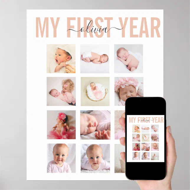 My First Year Baby Name 12 Photo Collage Poster | Zazzle