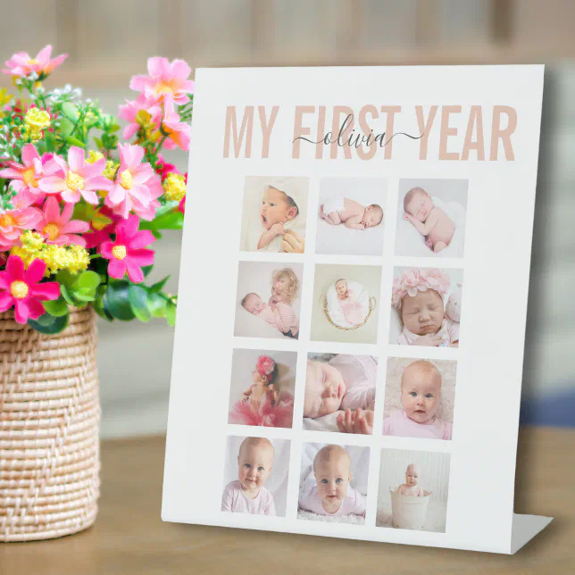 My First Year Baby Name 12 Photo Collage Poster Pedestal Sign | Zazzle