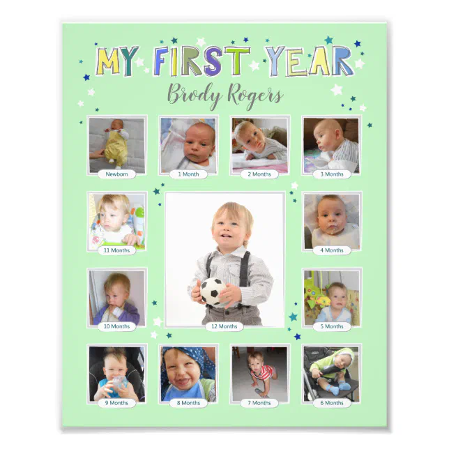 "My First Year" Memories Green Collage Baby Boy Photo Print | Zazzle